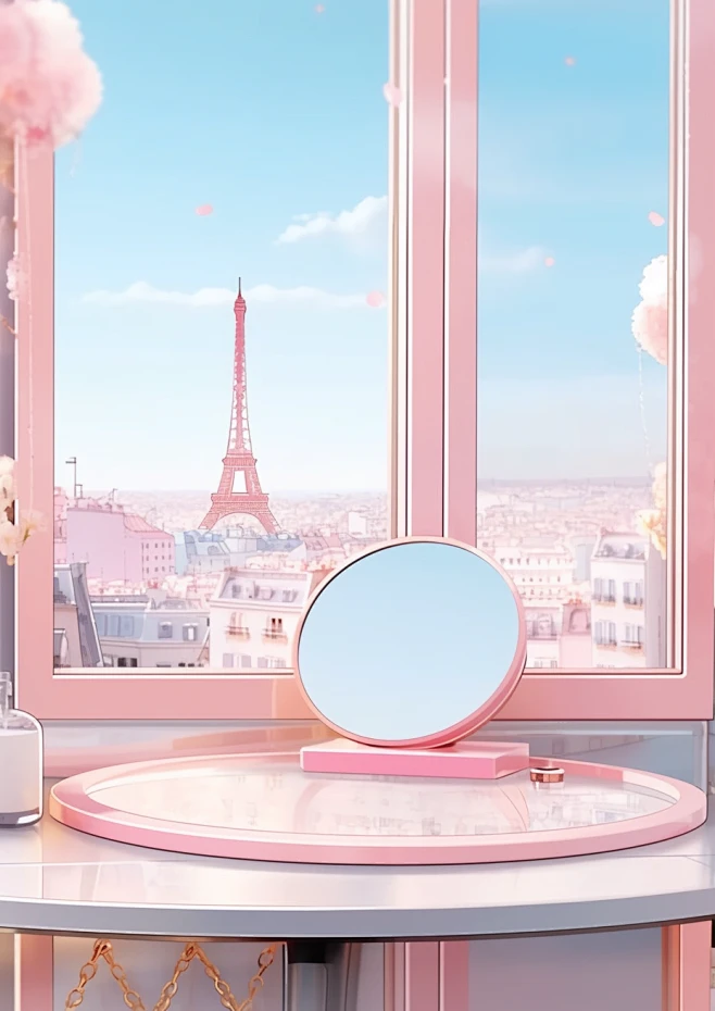 a pink mirror sitting next to a vanity with a window and a white tile ...