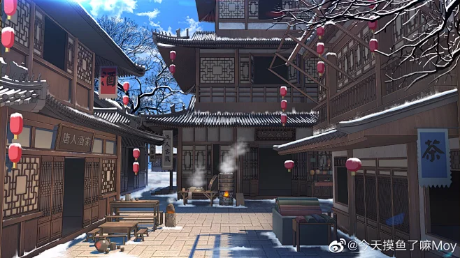 冬季 古代 街道-花瓣网