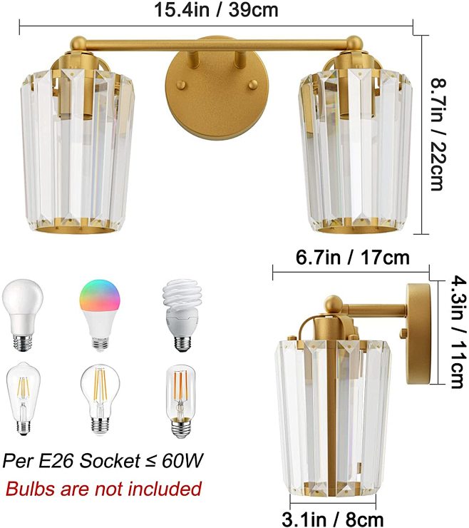 Aipsun Gold Bathroom Vanity Light Crystal Vanity Light for Bathroom 2 ...