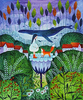 丙烯人物插画系列-鲸鱼 女孩 狐狸-花瓣网