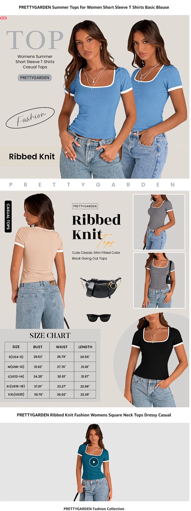 PRETTYGARDEN Women's Summer Short Sleeve T Shirts Ribbed Knit Square ...