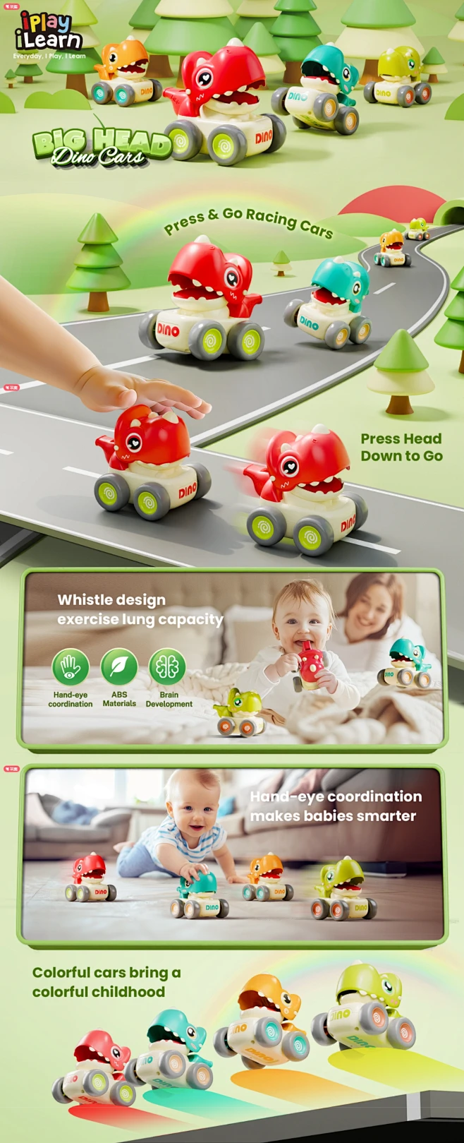 Amazon.com: iPlay, iLearn Dinosaur Press Go Car Toys for Toddlers 1-3 ...