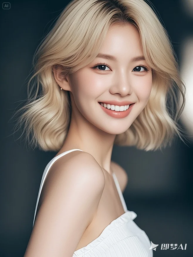 jimeng-2025-05-16-673-一个金发碧眼，皮肤白皙的女人微笑，露出雪白牙齿，暗色背景-花瓣网