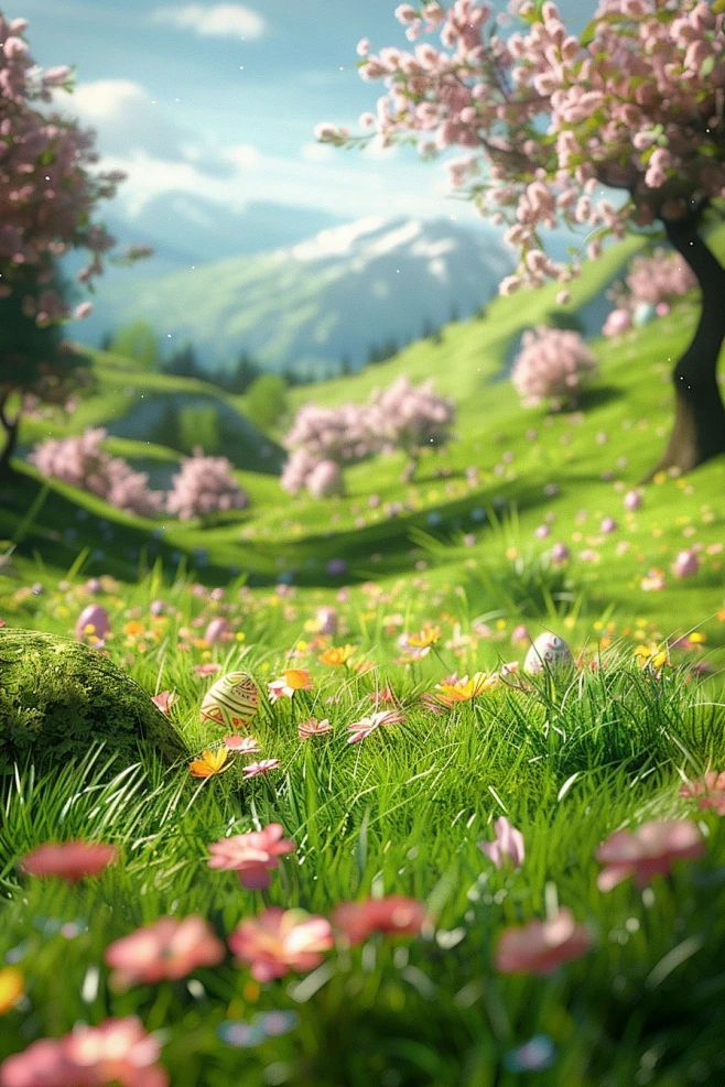 A beautiful meadow, grass and pink flowers, 3d rendering, card style ...