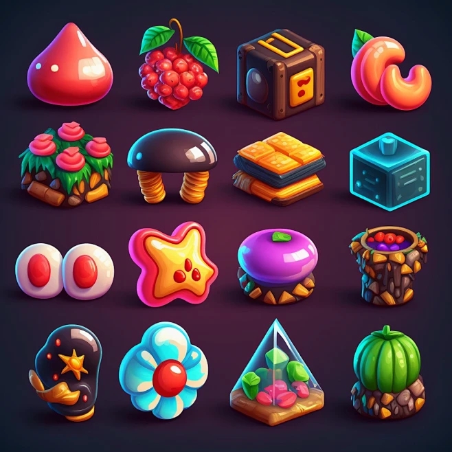 video games icons, 2d icons, items, objects, flowers, gems, candies ...
