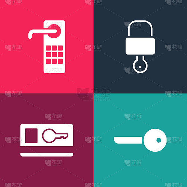 设置流行艺术钥匙，卡，锁和钥匙和数字门锁图标。向量