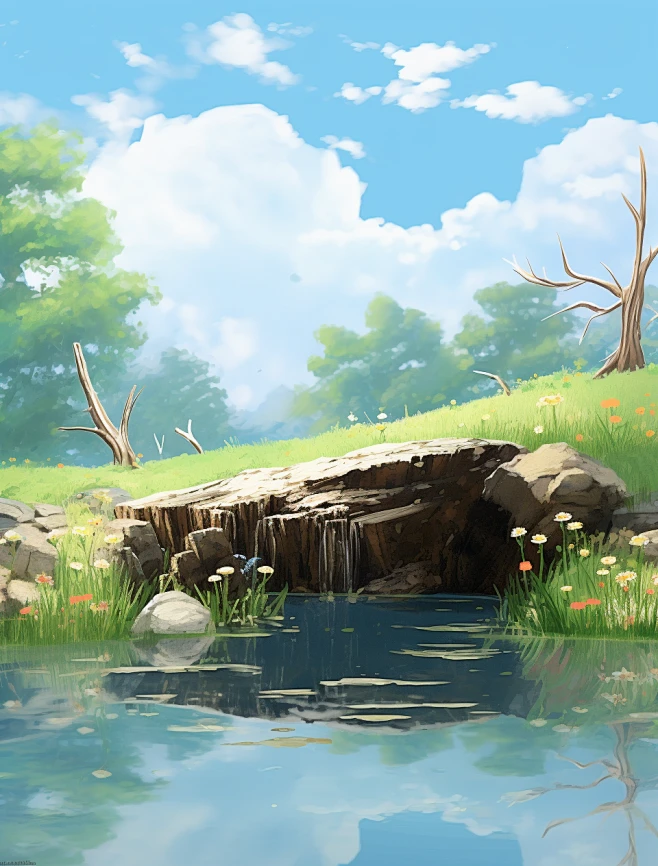 a landscape scene with a stone log in the water, in the style of ...