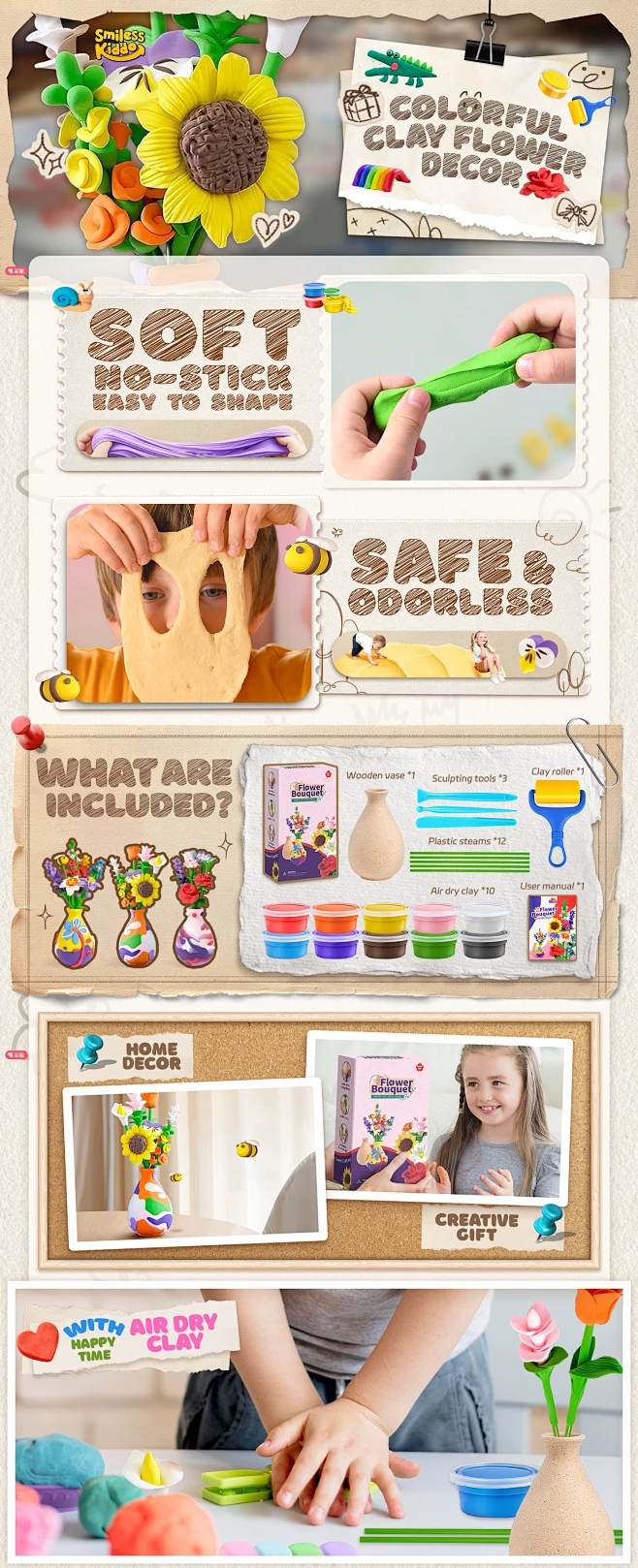 Amazon.com: SMILESSKIDDO Air Dry Clay with Vase Flower Bouquet for Kids ...