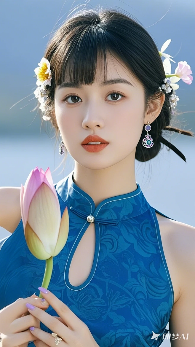 1girl, artist name, black eyes, black hair, blue background, blue dress, blue eyes, blue sky ...