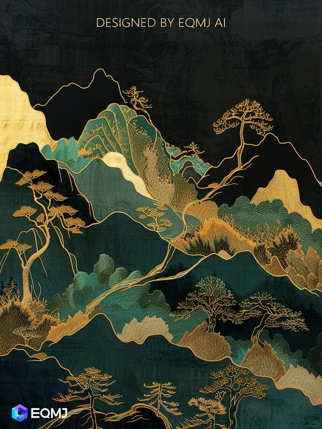 大美国风丨EQMJ AI绘制黑金琉璃彩山水画 - 小红书