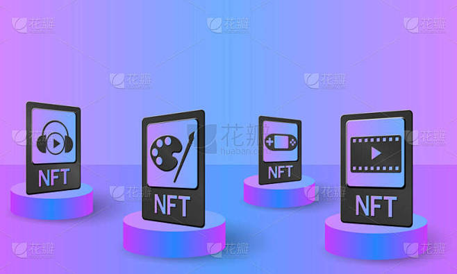 NFT，不可替换令牌的概念向量说明。NFT卡在讲台上的横幅,海报,网站,登陆页,广告.EPS 10