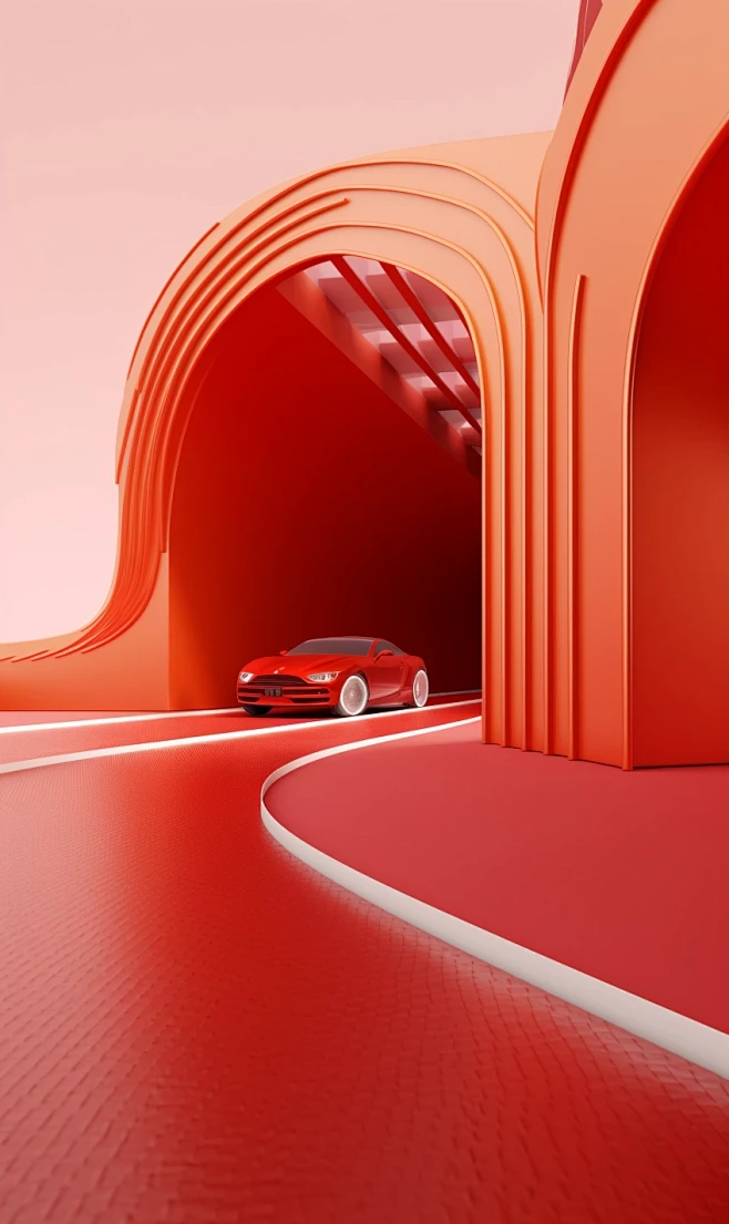 3d red highway through two red buildings with a car, in the style of ...