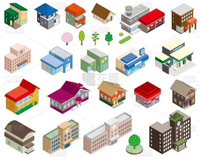 各种建筑的立体插图素材-花瓣网