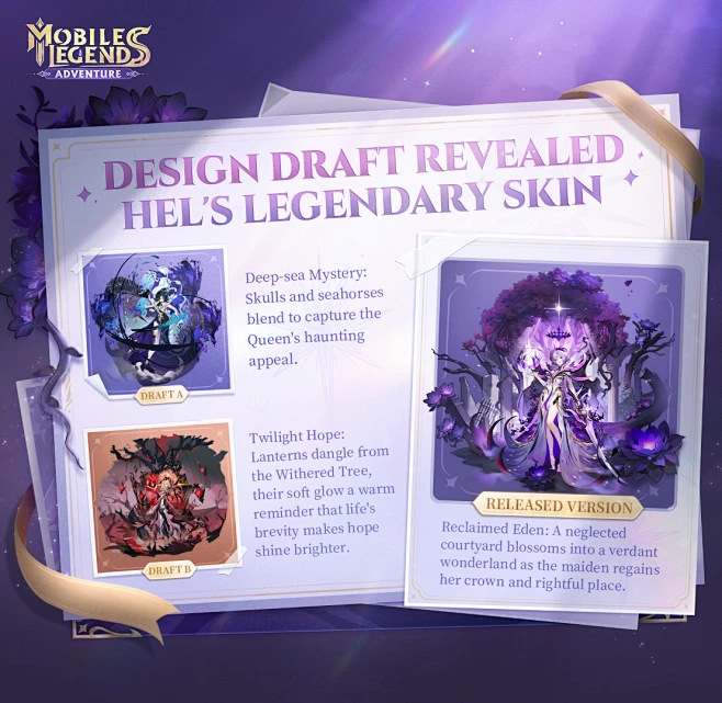 可能是包含下列内容的图片：上面的文字是“MOBILEE HEGEND ADVENTURE Kp DESIGN DRAFT REVEALED HEL'S LEGENDARY SKIN Deep ...