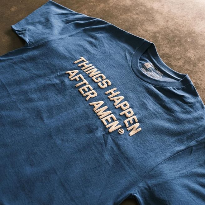 Things Happen After Amen ® Puff Print Slogan Tee - X-Large Blueamntrend