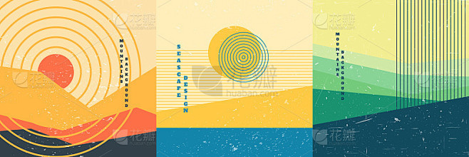 矢量插图。中世纪的现代图形。70年代复古的时髦图形。枯燥乏味的纹理。极简主义景观。抽象的形状。社交媒