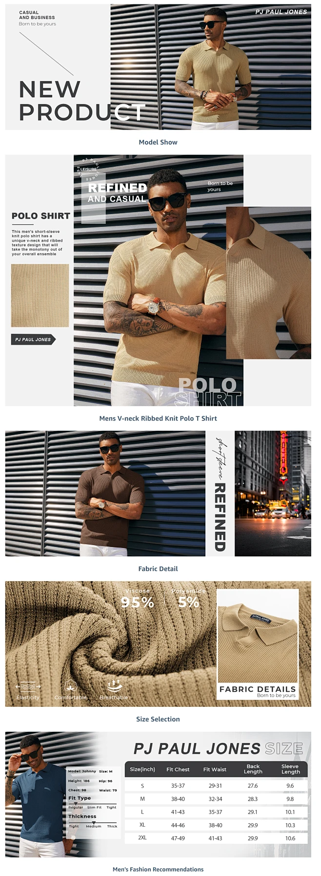 PJ PAUL JONES Mens Polo Shirts Short Sleeve Casual V Neck Ribbed Textured Knit Polo Shirt -花瓣网