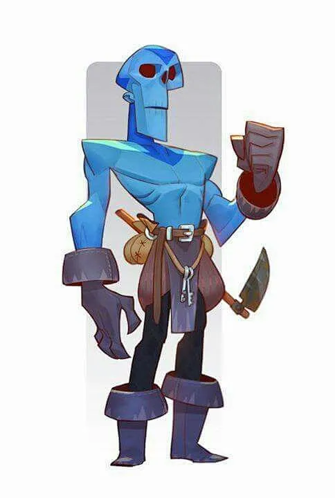 This may contain: an animated blue man holding a knife and wearing ...