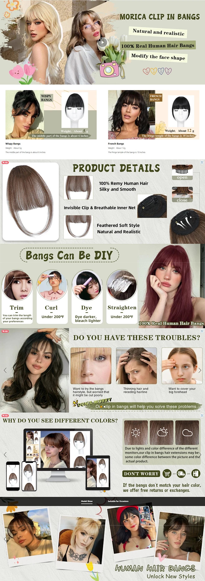 Amazon.com : MORICA Clip in Bangs - 100% Human Hair Wispy Bangs Clip in Hair Extensions, Brown ...