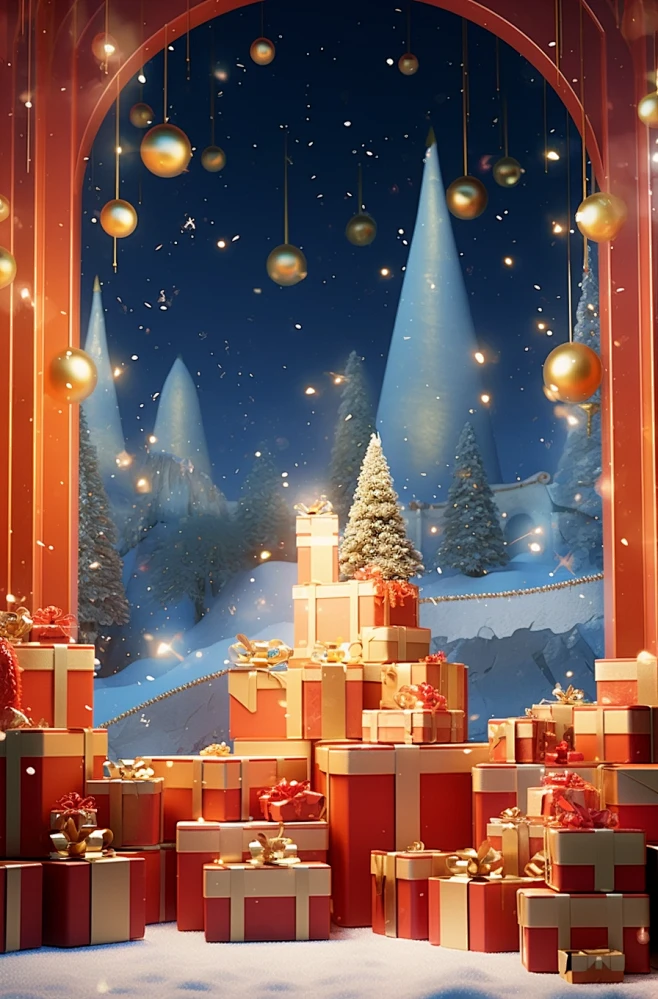 Christmas scene with lots of gifts and a box, in the style of vibrant ...