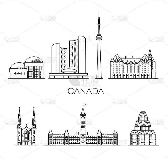 加拿大建筑线条天际线插图。著名的地标