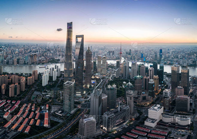 aerial view of Lujiazui, Shanghai, at sunset