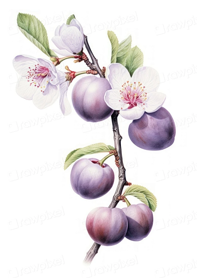 Plum branch with flower Plum fruit plum art.-花瓣网