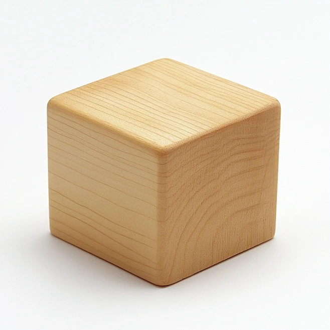 a square light wood block on a white background, seen in three quarters ...