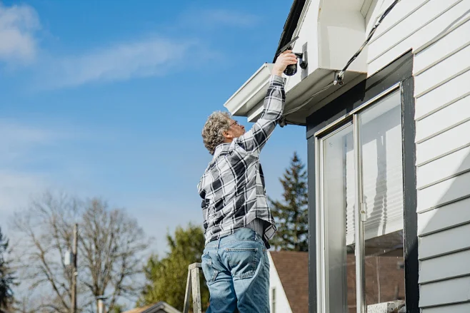 Home Owner Installing Security Light and Camera-花瓣网