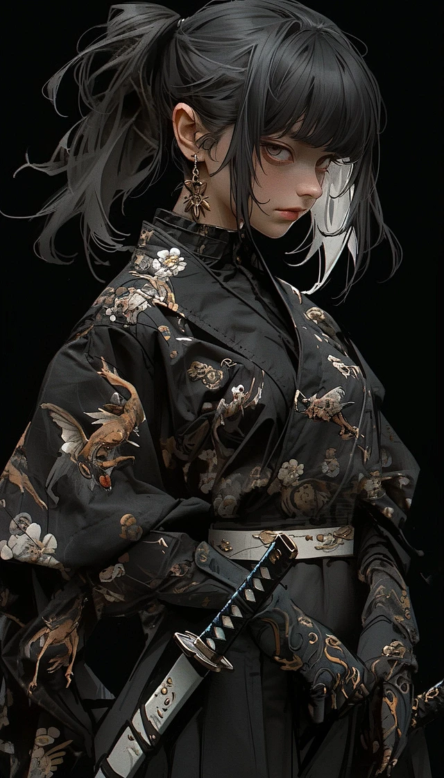 with black background, young girl with saber and sword, in the style of ...