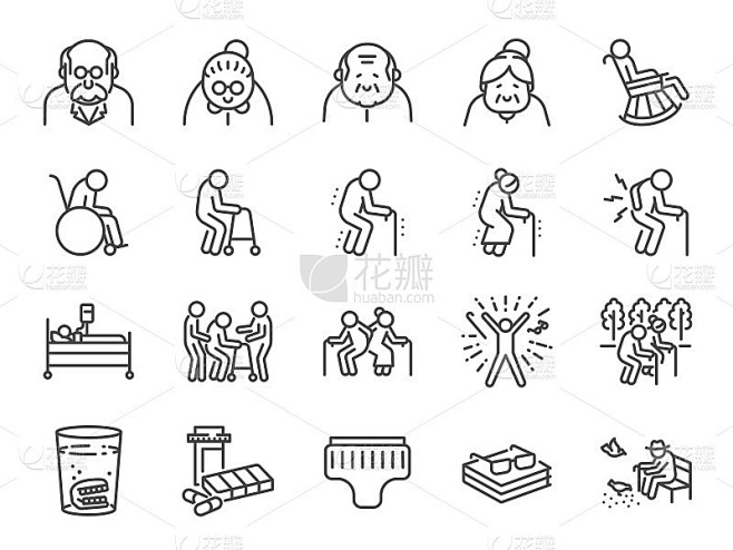 老人线图标设置。包括老年人、衰老、健康、老年、生活等图标。