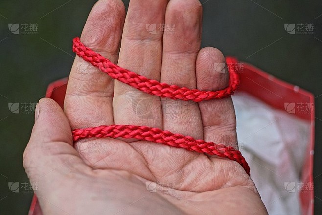 两根红色的绳子躺在摊开的手掌上