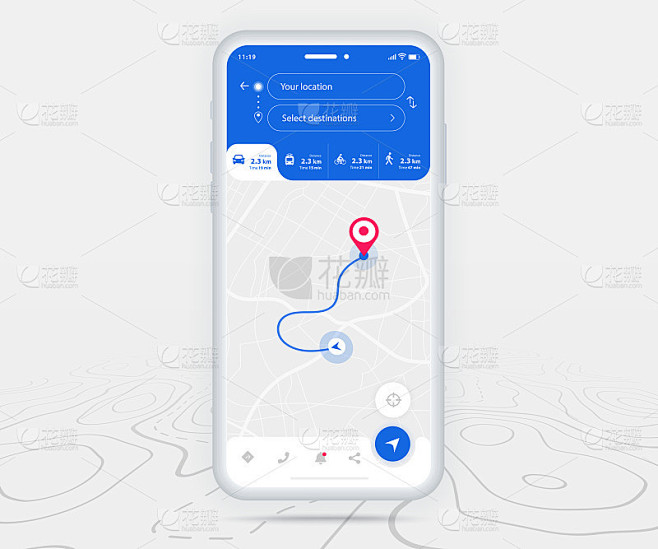 地图GPS导航ux ui概念，智能手机地图应用程序目的点在屏幕上，应用程序搜索地图导航，技术地图，城