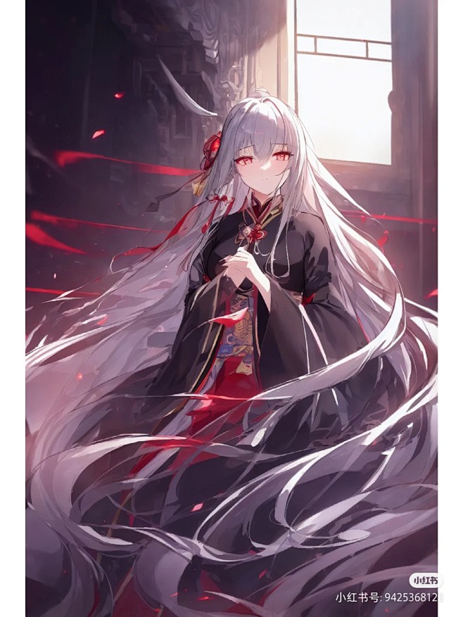 ai，头发走势，白发，暗色系，红色眼睛