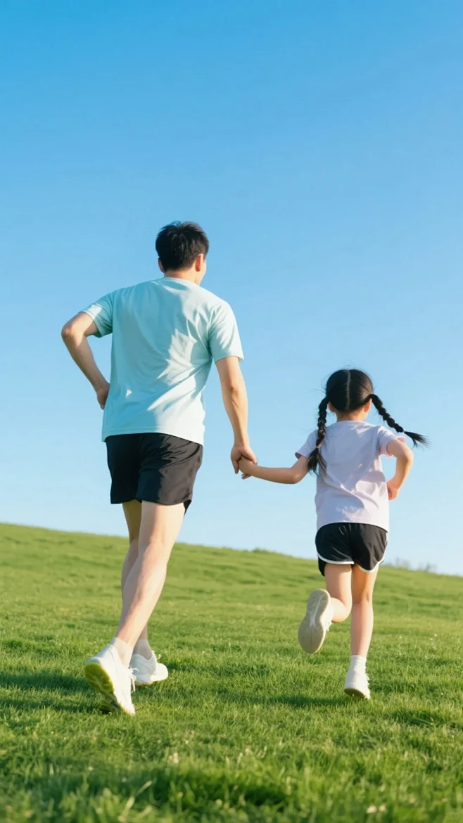 父女草地牵手背影-花瓣网