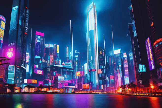 霓虹渐变赛博城市夜晚景观场景【AI佐糖】