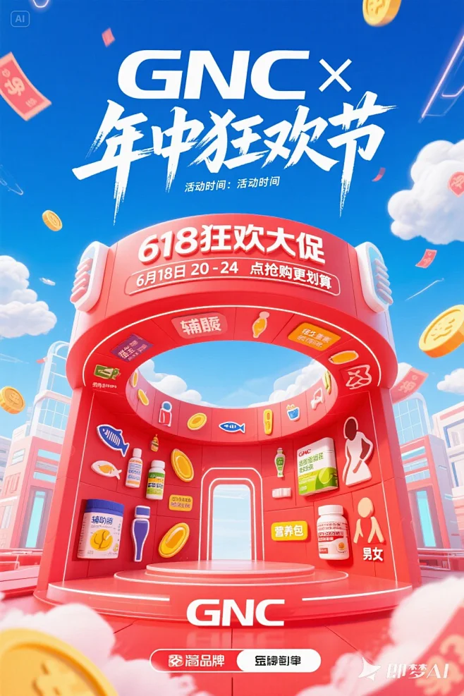 jimeng-2025-05-26-48-这是一张GNC保健品品牌天猫618电商促销海报。构建一个未来感的创意空中飞船的建筑，外观和内部空间融入GNC品牌保健品（鱼油，辅酶，维生素，男女营养包 ...