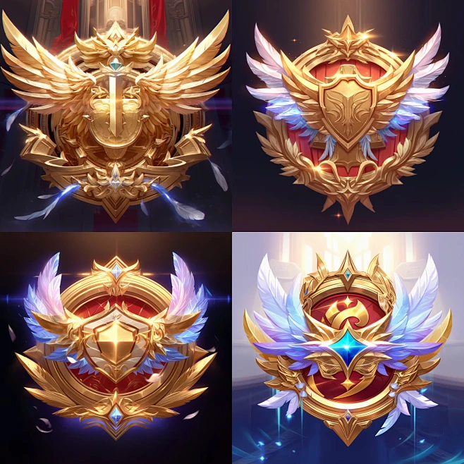 Game circular badge with a gold shield behind it and feather wing ...