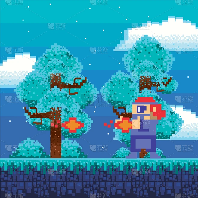 video game warrior shooting in pixelated scene素材-花瓣网