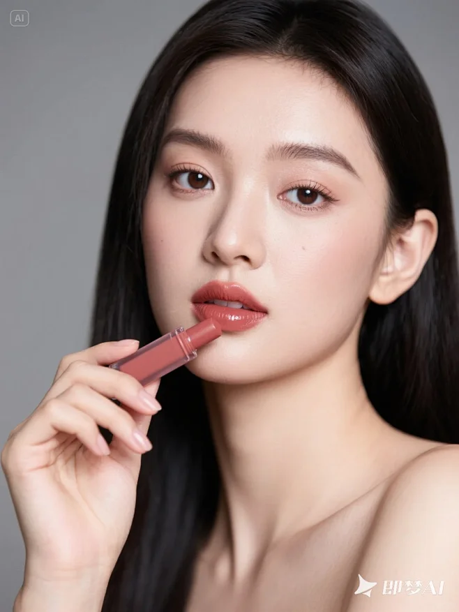 jimeng-2025-05-14-891-一个女生模特那着唇釉涂的模特图片，口红质地水光感，灰色背景，拍摄风格真实感-花瓣网