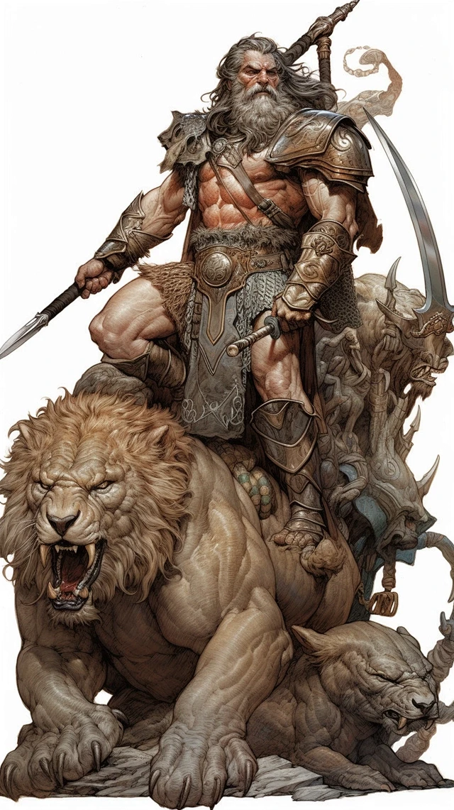 **Barbarian leader with long hair, strong muscles, fur and skull, bone ...