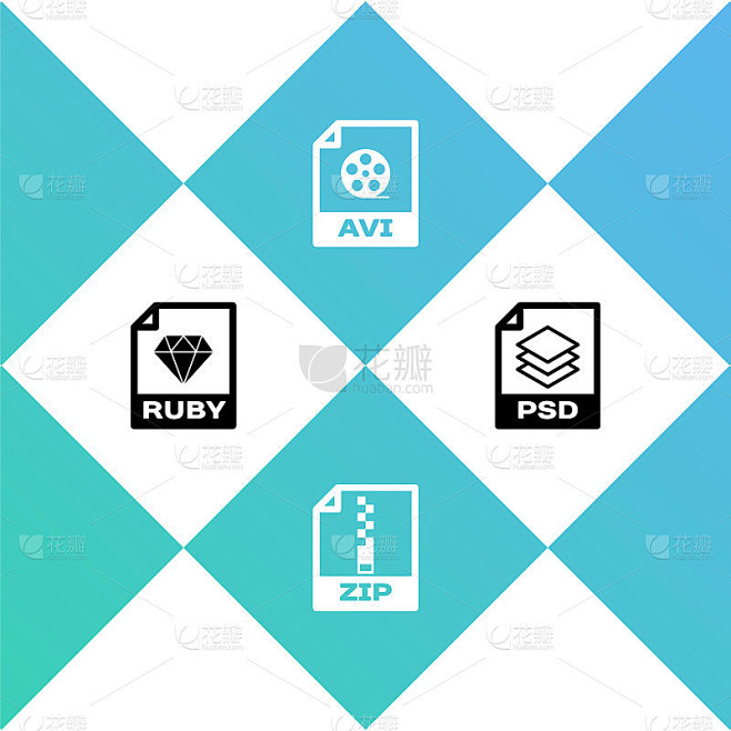 设置RUBY文件文档，ZIP, AVI和PSD图标。向量