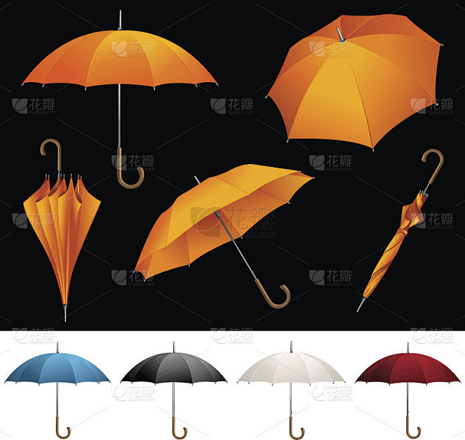 集合打开折叠顶视图矢量橙色伞