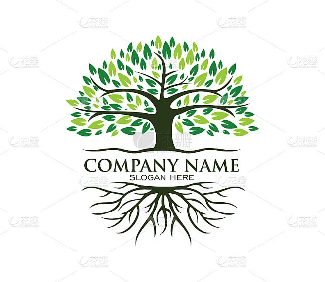 树根的树标志插图。树的矢量剪影。素材-花瓣网