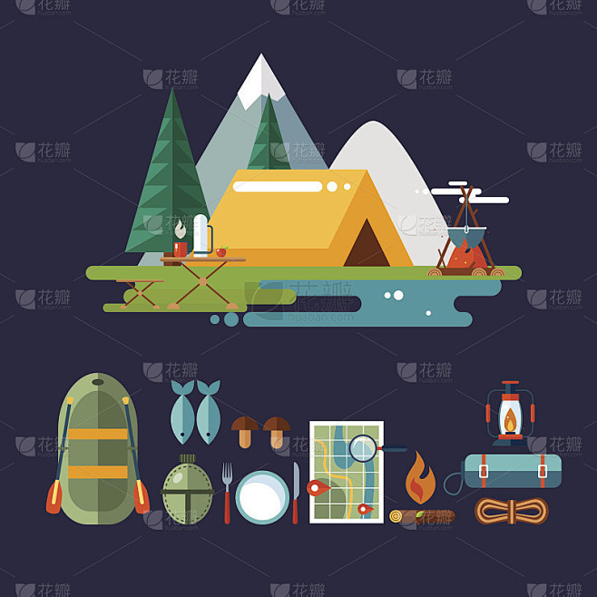 露营和徒步旅行的标志。平面设计