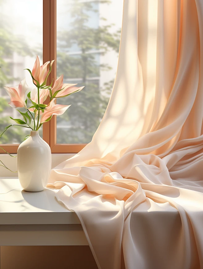 A white table in an office next to a window, in the style of animated ...