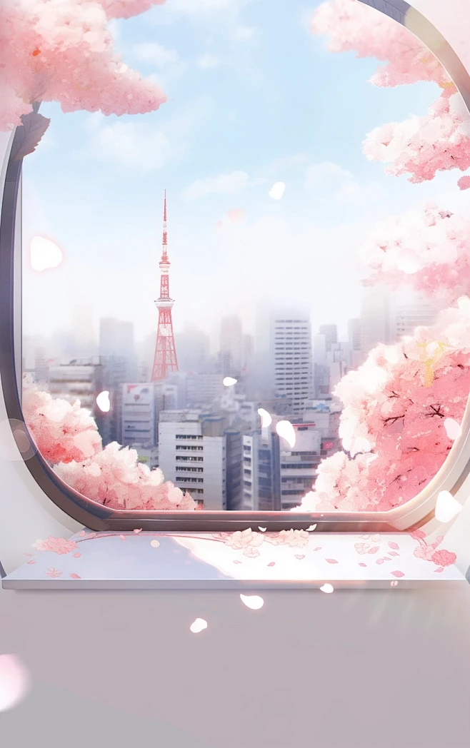 A picture of a city and blossoms with a window, in the style of fairy ...