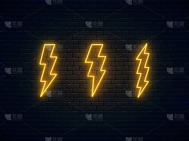 Neon lightning bolt set. High-voltage thunderbolt