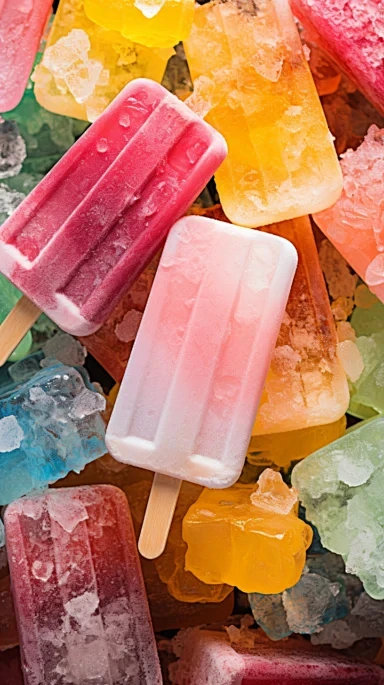 a close-up photograph captures a pile of ice pops, random on the ice ...