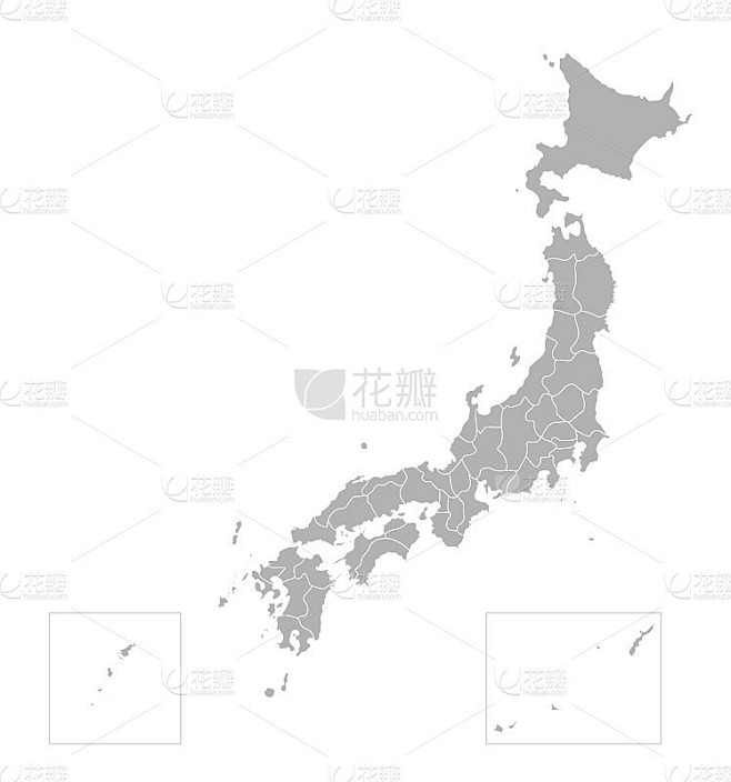 日本简化行政地图矢量孤立插图。各县(区)边界。灰色的剪影。白色的轮廓